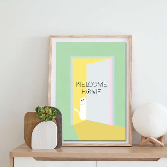 グラフィック・アートポスター WELCOME HOME CAT / 猫 白ネコ 家 ホーム かわいい ポップイラスト 写真・グラフィック ...