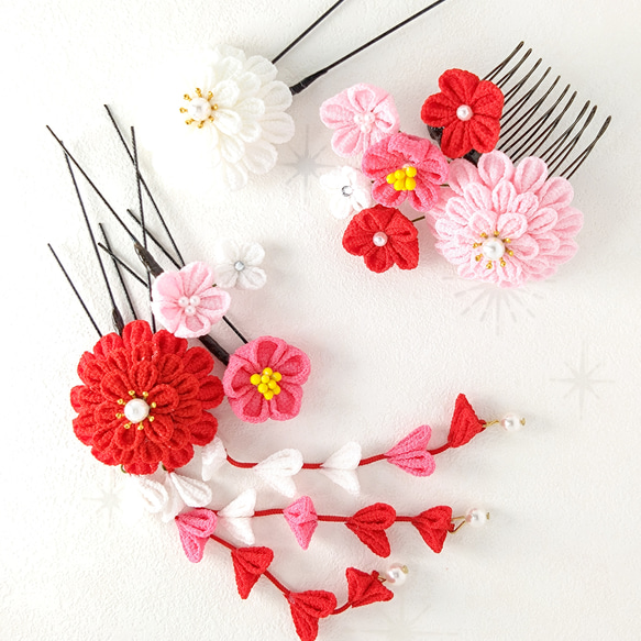 つまみ細工】 花音 赤&ピンク 髪飾り 6点セット 七五三 7歳 3 つまみ細工】 花音 赤&ピンク 髪飾り 6点セット 七五三 7歳 3