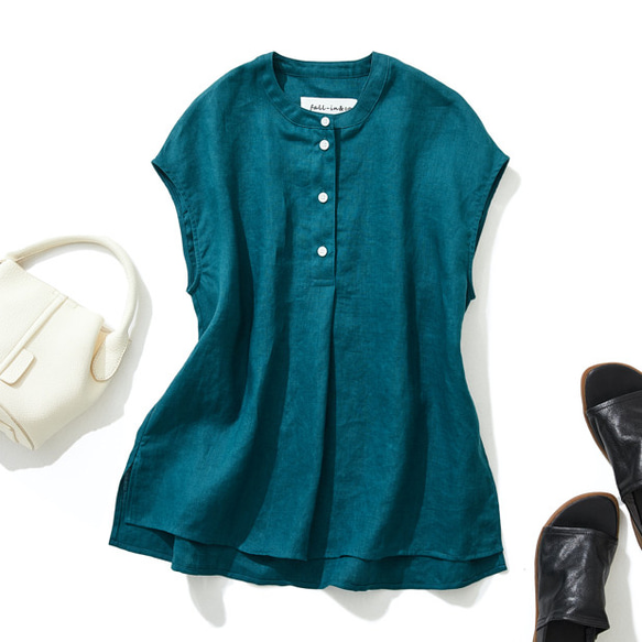 孔雀藍色法式袖優雅亞麻襯衫 230801-4 襯衫（無領） fall-in&co(talent) 的作品 16400067｜Creema