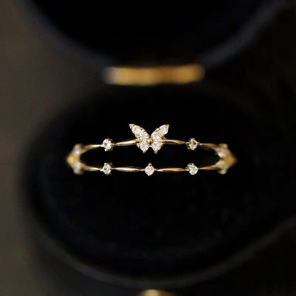 蝶々 ビジュー リング 繊細 キラキラ CZダイヤ バタフライ 18k純銀s925 ゴールド 指輪・リング ノン 通販｜Creema(クリーマ) 16454876
