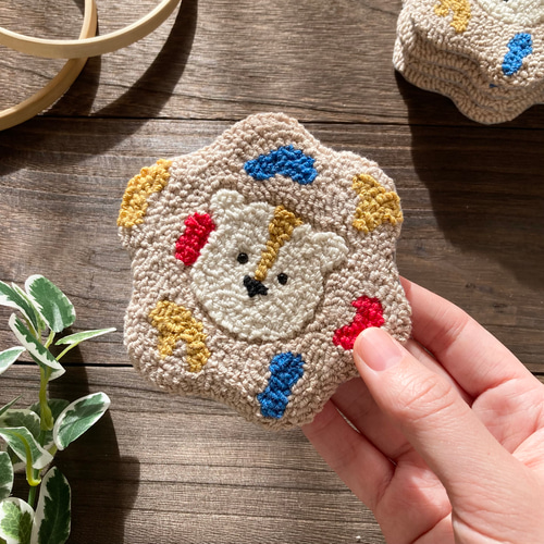 ライオン コースター 1枚 ミニマット もこもこ 毛糸 刺繍 プチ ライオン コースター 1枚 ミニマット もこもこ 毛糸 刺繍 プチ