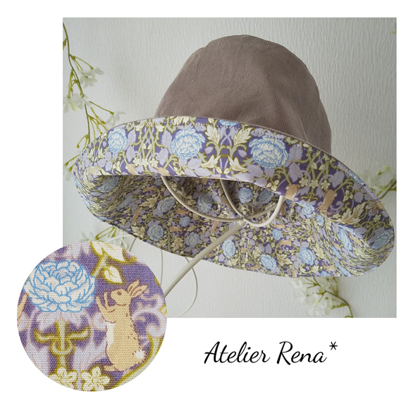 リバーシブルうさぎとブルーフラワーコットンとグレイッシュピンクコーデュロイの折りたためるハット ハット Atelier Rena* 通販 16604977｜Creema(クリーマ)