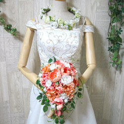 ピーチカラーのティアドロップブーケ♪ブートニア付き♪生花みたいに綺麗な造花です♪高品質なのに安い ブーケ Galleria Issyo 通販 ...
