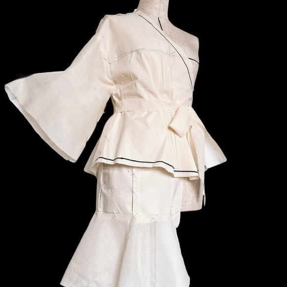 黒赤 ぺプラムライン セットアップ カシュクール 着物リメイク 和柄 黒MIX ウエスト調整有り （J51001） ワンピース 和 ...