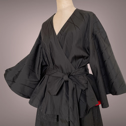 黒赤 ぺプラムライン セットアップ カシュクール 着物リメイク 和柄 黒MIX ウエスト調整有り （J51001） ワンピース 和 ...