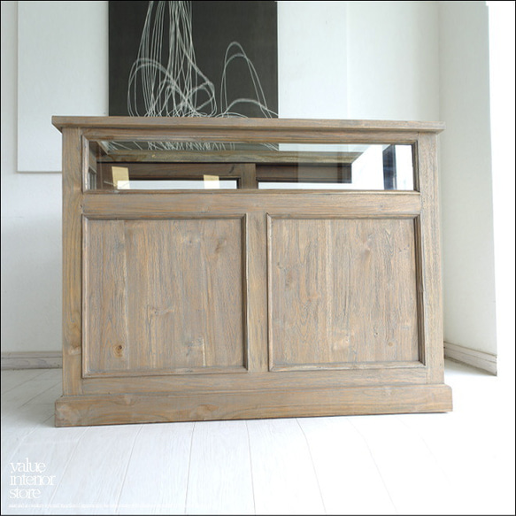 チーク無垢材 ショーケースカウンターBalq ガラスケース レジ.台 飾り棚 店舗什器 展示カウンター シャビーシック その他家具 value ...