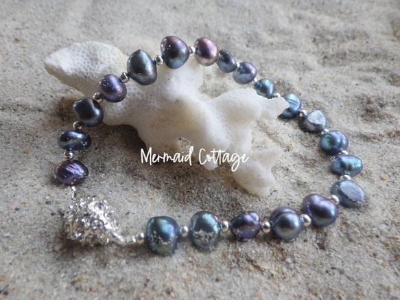 Flesh Pearl Necklace 淡水パールのブレスレット☆マグネットクラスプ☆黒蝶真珠 バロックパール ブレスレット Mermaid ...