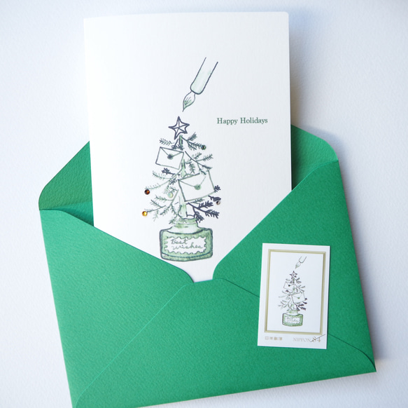 Little ink Chritsmas 切手付きカード 緑 メッセージカード armeria 通販 16913728｜Creema(クリーマ)