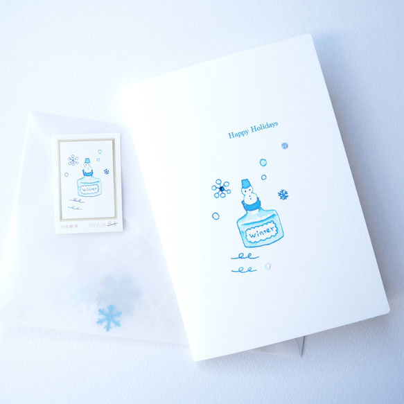 Little ink snowman 切手付きカード ブルー メッセージカード armeria 通販 16913748｜Creema(クリーマ)