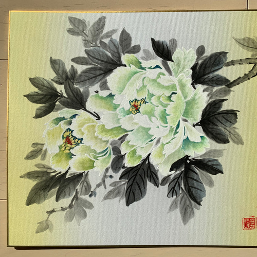 牡丹 水墨画 色紙 絵画 インテリア 緑 黄緑 絵画 こたつ 通販 牡丹 水墨画 色紙 絵画 インテリア 緑 黄緑 絵画 こたつ 通販