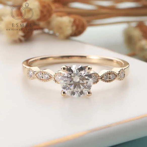 モアッサナイト K14 ラウンドカット 1ct キラキラ ラグジュアリー ゴージャス ミル打ち リング 結婚指輪 指輪・リング Esmée 通販｜Creema(クリーマ) 16948728
