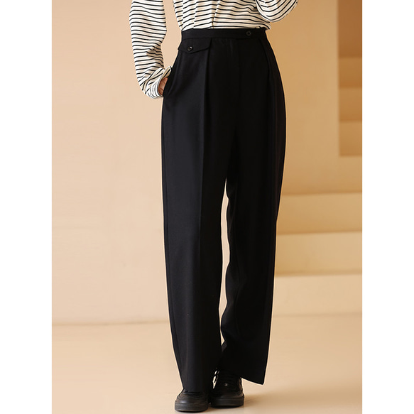 ウール混紡厚手ロングパンツ 通勤パンツ ハイウエストパンツ ブラック S-XL#418 ロングパンツ Eletuly 通販｜Creema ...