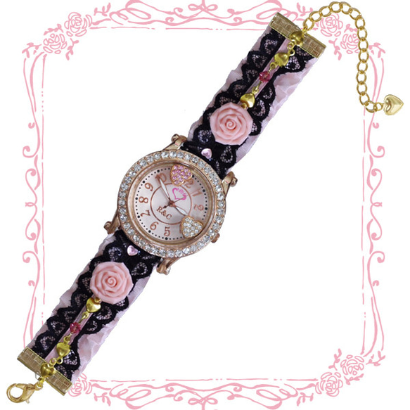 ピンク 黒ブラック 薔薇 レース リボン ハート 腕時計 ブレスレット アクセサリー 可愛い レディース 女性 結婚式 腕時計 アクセサリー ...