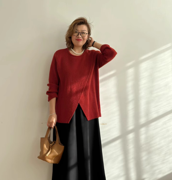 TINA クルーネックニット毛糸のトップス.ブッラク*赤 ニット・セーター TINA'S STUDIO 通販｜Creema(クリーマ ...