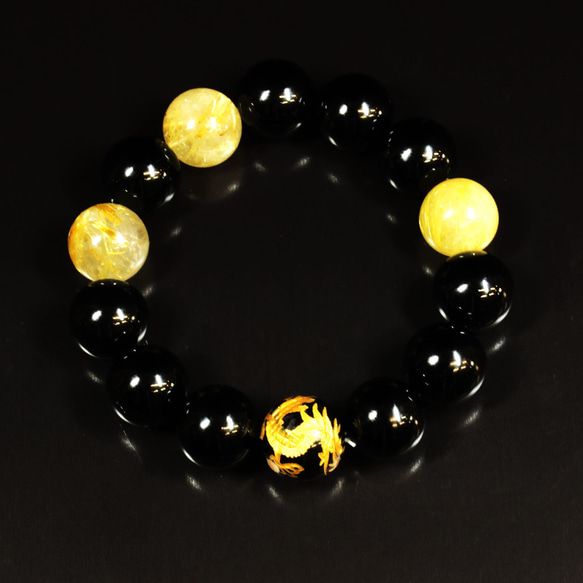 【目標達成をサポート！】14ミリ 金彫皇帝龍 黒瑪瑙石 ブラックオニキス タイチンルチルクォーツ ブレスレット ブレスレット・バングル（メンズ ...