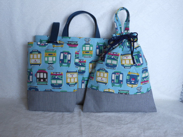 男の子 入園入学3点セット＜でんしゃ＞ みずいろ 入園入学2025 レッスンバッグ L.Stone 通販 17134125｜Creema(クリーマ)