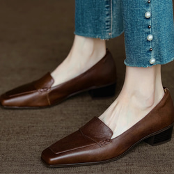 足の疲れや外反母趾。本革 ローヒール パンプス レディース スクエア