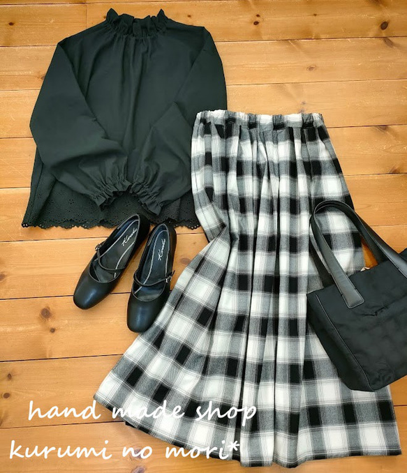 楽チン ウエストゴムスカート コットンボーダーチェック ロングスカート（マキシ丈） kurumi no mori* 通販 17162257｜Creema(クリーマ)