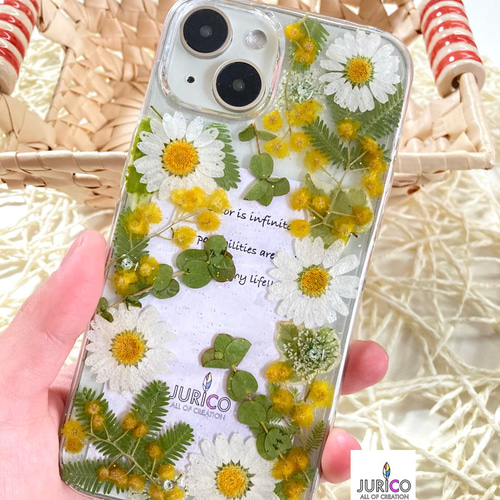 ミモザとユーカリの押し花スマホケース 全機種対応/iphone ミモザとユーカリの押し花スマホケース 全機種対応/iphone