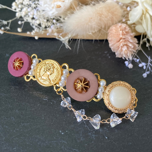 ボタン バレッタ ヘアアクセサリー ハンドメイド 花柄 ゴールド ボタン バレッタ ヘアアクセサリー ハンドメイド 花柄 ゴールド