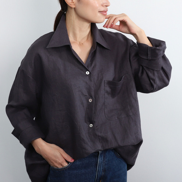 ゆったり羽織れるオーバーシルエット 着回し抜群 リネン ベーシック シャツ スミクロ 0588BK シャツ SWiMMY Clothing 通販 17370841｜Creema(クリーマ)