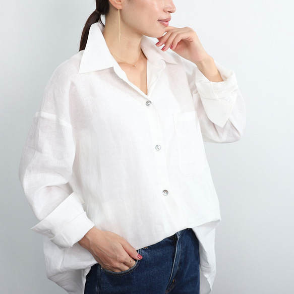 ゆったり羽織れるオーバーシルエット 着回し抜群 リネン ベーシック シャツ ホワイト 0588WH シャツ SWiMMY Clothing 通販 17370923｜Creema(クリーマ)