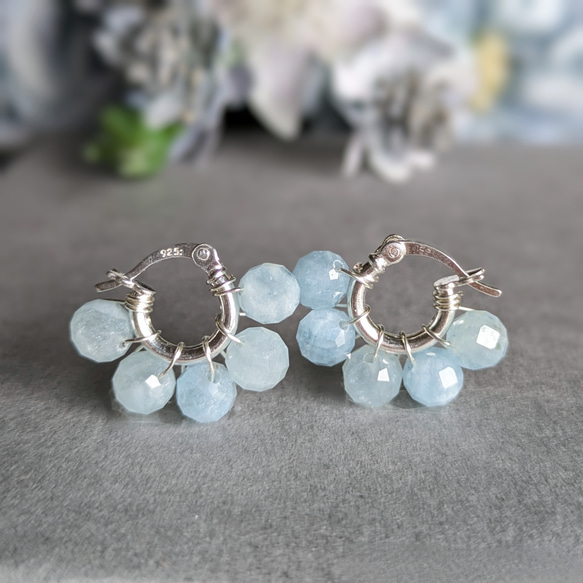 天然石アクアマリンAAA SV925フープピアスorイヤリング/サージカルステンレス ペールブルー3月誕生石 ピアス（フープ ...