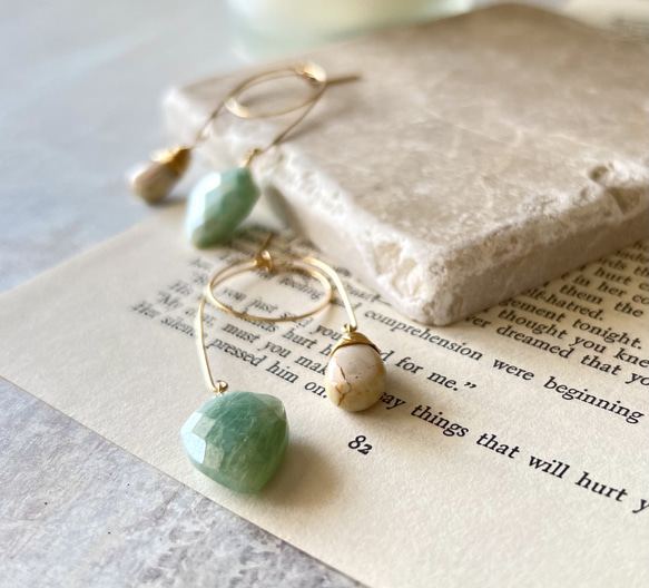 大ぶりピアス／イヤリング【アマゾナイト＆アフリカンオパール】テークルシリーズ 14kgf 春 グリーン ベージュ ピアス（フープ） makila 通販 17461986｜Creema(クリーマ)