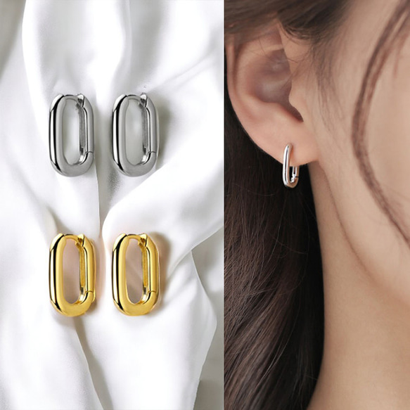 耳環 18K 女士防過敏圈形耳環橢圓形金 925 銀工作禮物簡約 環狀耳環 airis89 的作品｜Creema