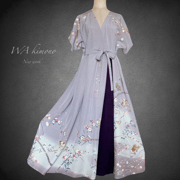 逸品 品格パープル上質 差し色カシュクールワンピ 正絹 フォーマル 卒業式 入学式 結婚式 着物リメイク和柄 A6403 ワンピース 和 ...