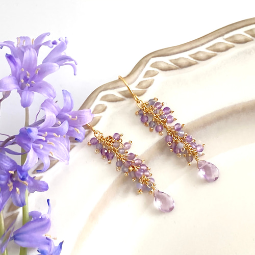 まるい天然石の小さいお花ピアス4枚花 アメジスト シンプル まるい天然石の小さいお花ピアス4枚花 アメジスト シンプル