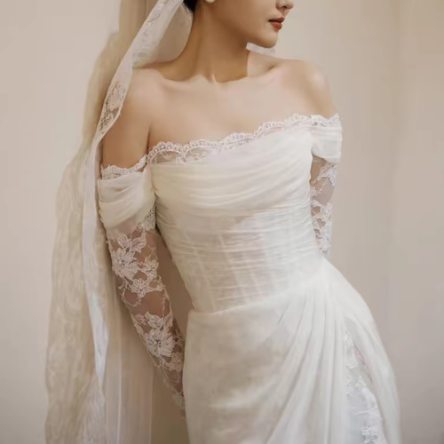 美しい花レース シアーな美しさ 長袖 オフショルダー 美しい花レース シアーな美しさ 長袖 オフショルダー