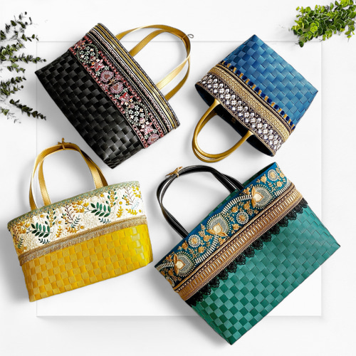 大人のカゴバッグ【インド刺繍×PPバンド】グリーン かごバッグ 大人のカゴバッグ【インド刺繍×PPバンド】グリーン かごバッグ