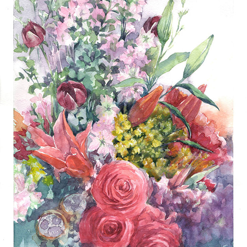 水彩アート「花満開」1点物、手書き真筆。送料無料。 絵画 水彩アート「花満開」1点物、手書き真筆。送料無料。 絵画