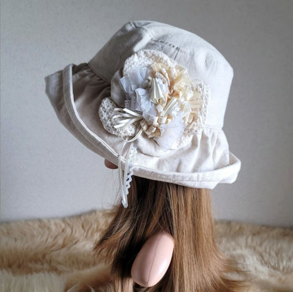 ナチュラルcottonリネン★約62㎝★日差しに負けない★ギャザーフリル 帽子 ハット 3three3 通販｜creema クリーマ
