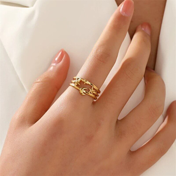 金アレ対応 316L 18k スター×ムーンデザインオープンリング(0459) 指輪・リング maoriru 通販 17711325｜Creema(クリーマ)