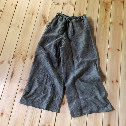 千鳥リネン100% ロングワイドパンツ キュロット・ワイドパンツ inago