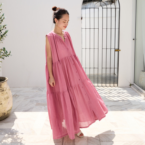 【着丈調整可能】軽やかな着心地 コットン 前開き ティアードワンピース ピンク 0527PK ワンピース SWiMMY Clothing 通販 17733148｜Creema(クリーマ)