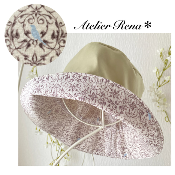 ライトグリーンと小鳥が可愛いブラウンリーフモチーフのホワイトコットンが涼しげなリバーシブルハットCreema夏帽子 ハット Atelier Rena* 通販｜Creema(クリーマ)