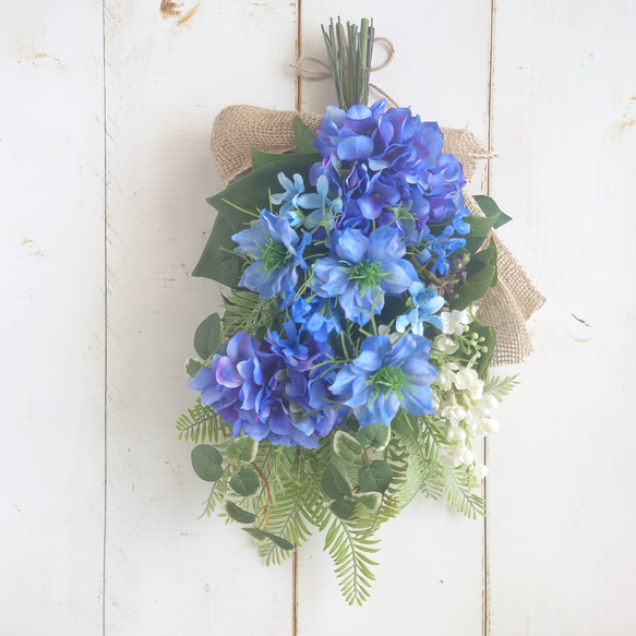 Creema限定 大人のグリーンスワッグ あじさいとニゲラ ブルー アートフラワー ERBA 通販 17774659｜Creema(クリーマ)