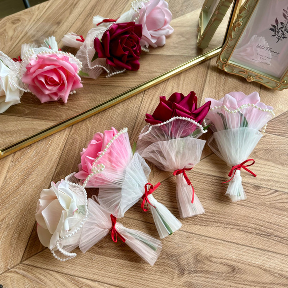 透明バッグ付 ユンヌローズ【Sweet】4色展開 ピンクバラ/白バラ パール チュールラッピング 韓国風花束 バラ1本 アートフラワー ...