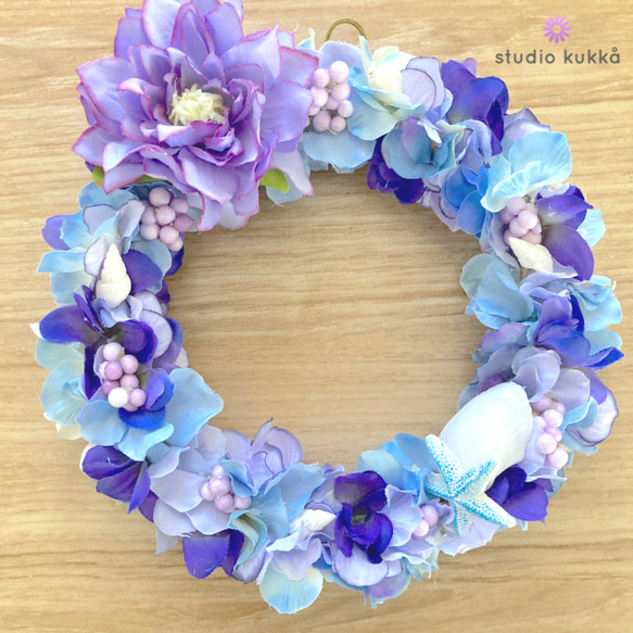 送料無料 直径18cm♡ロイヤルブルーグラデーションのアジサイ ダリア パープル サマーリース 紫陽花 夏 リース リース studio kukkå 通販 17786894｜Creema(クリーマ)