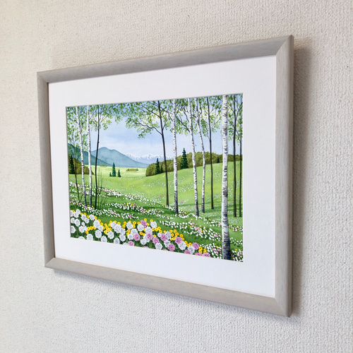 シロツメクサの咲くフィールド」透明水彩画 原画 風景画 額縁付 シロツメクサの咲くフィールド」透明水彩画 原画 風景画 額縁付