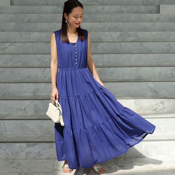 シェルボタン コットン ノースリーブ ティアードワンピース ネイビー 0605NV ワンピース SWiMMY Clothing 通販 17851486｜Creema(クリーマ)