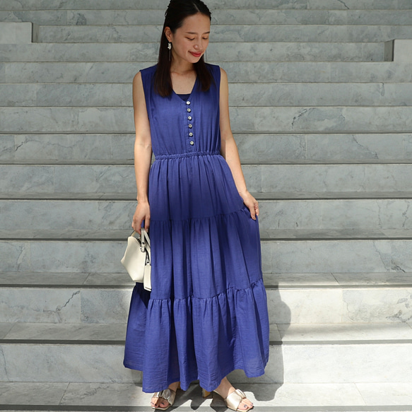 シェルボタン コットン ノースリーブ ティアードワンピース ネイビー 0605NV ワンピース SWiMMY Clothing 通販｜Creema(クリーマ) 17851486