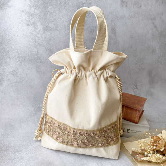 インド刺繍リボン】ハンドメイド 巾着 バック トートバッグ うり インド刺繍リボン】ハンドメイド 巾着 バック トートバッグ うり