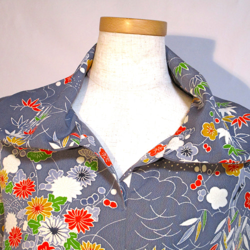 和の布創作服> 丹後ちりめんのマニッシュなブラウス 絹 着物 和の布創作服> 丹後ちりめんのマニッシュなブラウス 絹 着物