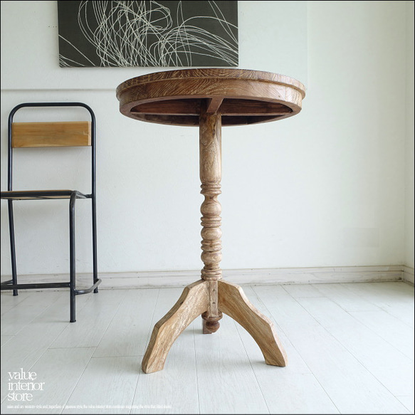 チーク無垢材 ヴィンテージサイドテーブルRound/K アンティークテーブル 什器 無垢材家具 丸テーブル 表面再仕上済 サイドテーブル ...