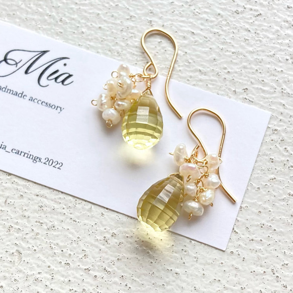 レモンクォーツと淡水パールのショートピアス 14KGF ピアス（フック・チェーン） Mia earrings 通販 18029133 ...