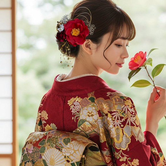 成人式 髪飾り 椿×枝垂れパール｜卒業式 袴 和装ヘア No.T70 振袖 着物 和装 花嫁 結婚式 前撮り 和モダン ヘッドドレス（アクセサリー） 結び桜 成人式・結婚式・卒業式髪飾り専門 ...